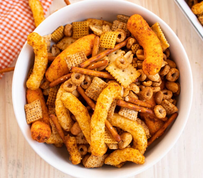 Best Homemade Spicy Chex Mix Recipe with Cheese Puffs - Souper Good House
